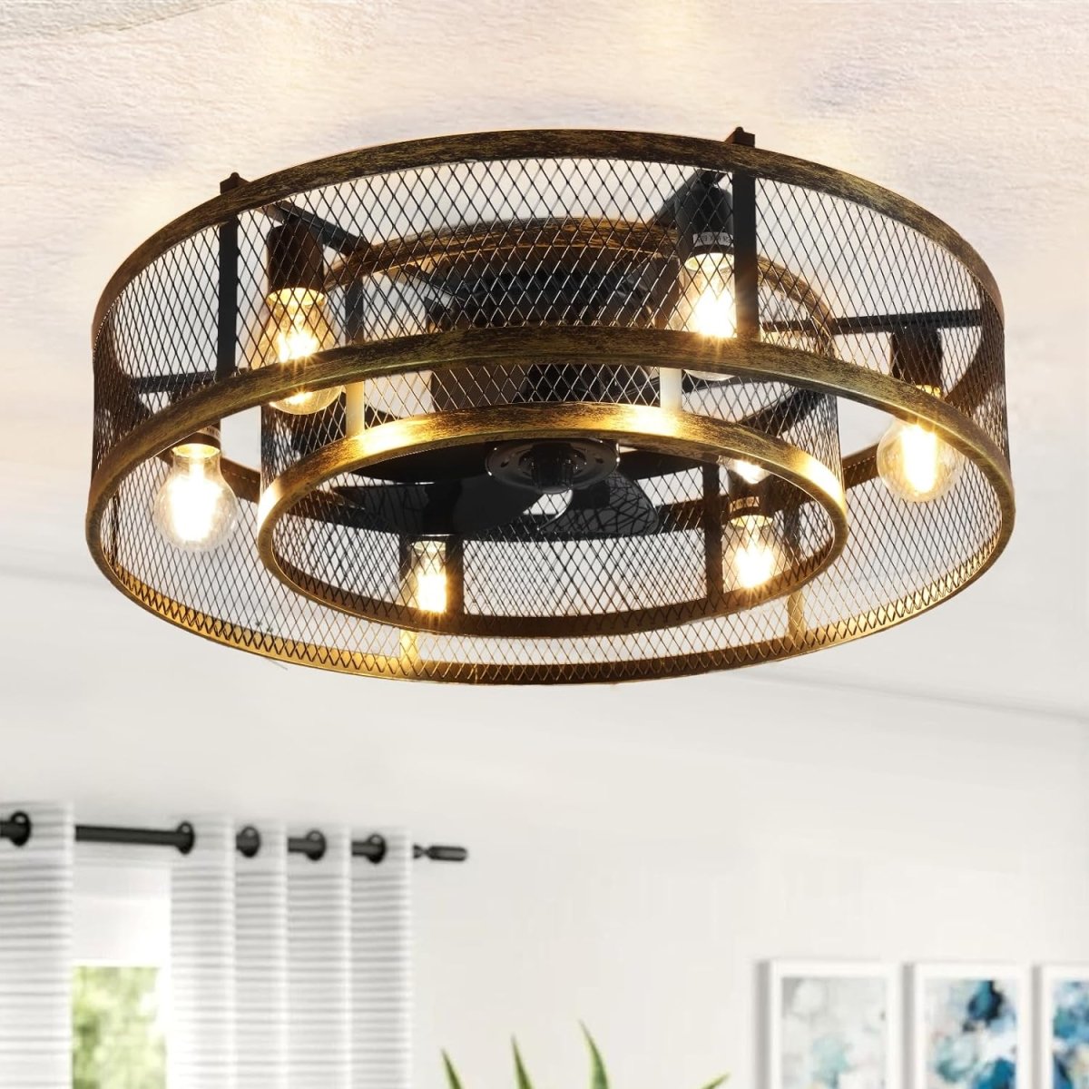 Depuley 25.6'' Caged Flush Mount Ceiling Fan with Lights Remote Control ...